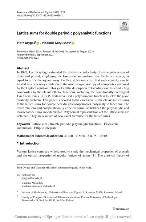 Pdf Lattice Sums For Double Periodic Polyanalytic Functions