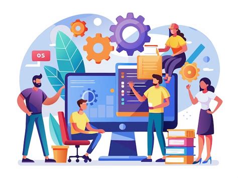 Team Of Developers Debugging Software Bug On Computer Screen Vector Art