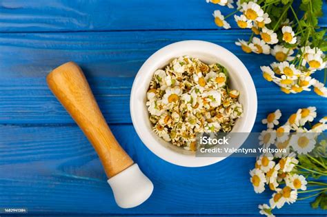 배경에 카모마일 꽃 꽃다발이 있는 박격포 천연 허브 유기농 화장품 동종 요법 화장품의 개념 약초 텍스트를 위한 위치입니다 복사 공간 0명에 대한 스톡 사진 및 기타 이미지