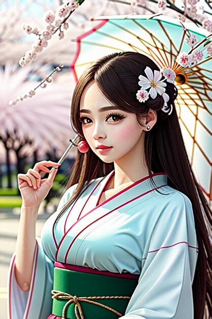 Premium Ai Image Girl In A Kimono Holding An Umbrella