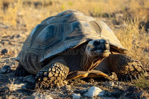 A Massive Land Turtle Rests Peacefully On A Patch Of Dry Cracked Earth