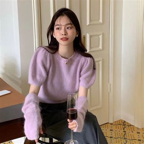 짧은 소매 단색 스웨터 여성 2022 이른 봄 디자인 세련된 탑 퍼프 슬리브 니트 풀오버 여름 스웨터 Aliexpress