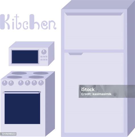 가전 제품 세트 부엌 냉장고 스토브 및 전자 레인지 블루 디자인 레터링 상점 전단지 배너 및 광고의 디자인을위한 개체 가정 생활에 대한 스톡 벡터 아트 및 기타 이미지