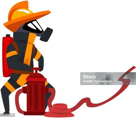 소화 전을 사용 하 여 물을 살포 하는 방어적 인 마스크에 있는 소방 관 흰색 배경에 균일 한 벡터 일러스트 레이 터 문자 구조에 대한 스톡 벡터 아트 및 기타 이미지