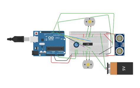 circuit design carro con sensor ultrasonico tinkercad