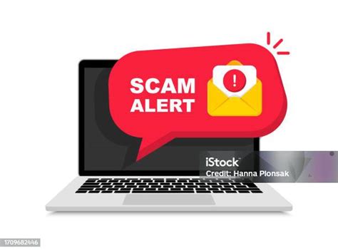 노트북에 사기 경고 배너입니다 사기 경고와 함께 메일 해커 공격 위험 오류 경고 주의 경고 표시 벡터 그림입니다 3차원 형태에 대한 스톡 벡터 아트 및 기타 이미지 Istock
