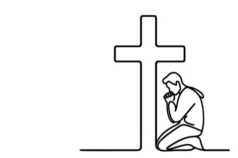 Continuous One Single Black Line Drawing Person Kneeling And Praying In