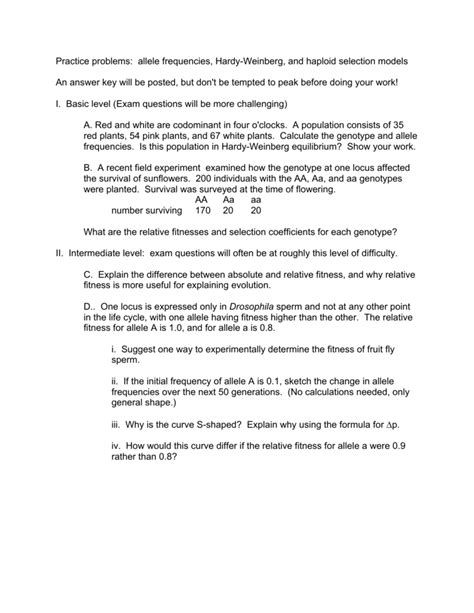 Practice Problems Allele Frequencies Hardy