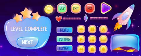 Game ui buttons and elements for space interface. Space kit for mobile app menu. Buttons, screen ...