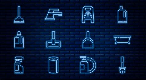 세트 라인 화장실 브러시 욕조 젖은 바닥 및 진행 중인 청소 걸레 직물 연화제 고무 플런저 더스트 팬 및 물 수돗물 아이콘 벡터 경계 표지에 대한 스톡 벡터 아트 및 기타