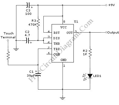 Touch Switch Monostable Timer With 555 IC Electronic Circuit Diagram