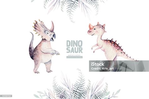귀여운 만화 아기 공룡 컬렉션 수채화 일러스트 보육 포스터 장식을위한 흰색 배경에 고립 된 손으로 그린 공룡 렉스 어린이 재미있는 예술 0명에 대한 스톡 벡터 아트 및 기타