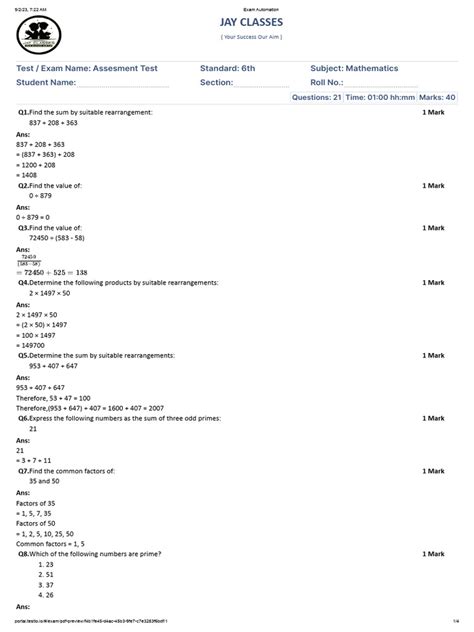 Math Test Paper 02 09 2023 Answer Pdf Arithmetic Elementary