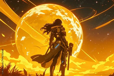 Futuristic Space Princess Looking At The Planet Mars Orange And Black