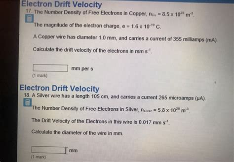 Solved Electron Drift Velocity 17 The Number Density Of Free