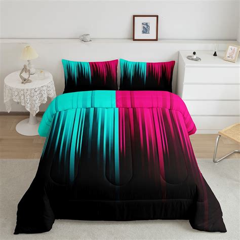 Teal Pink Black Comforter Set Full Abstract Gradient Stripes Bedding