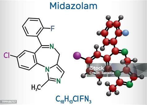 미다졸람 분자 완화 항 경련제 최면 근육 이완제 진정제 기억 상실 특성을 가진 단기 약물입니다 구조 화학 공식 및 분자 모델