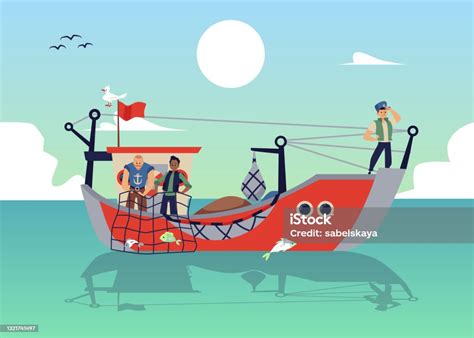 선박 이나 보트에 어부와 바다 배경 플랫 벡터 일러스트 고립 광고에 대한 스톡 벡터 아트 및 기타 이미지 광고 그물망 낚시 Istock