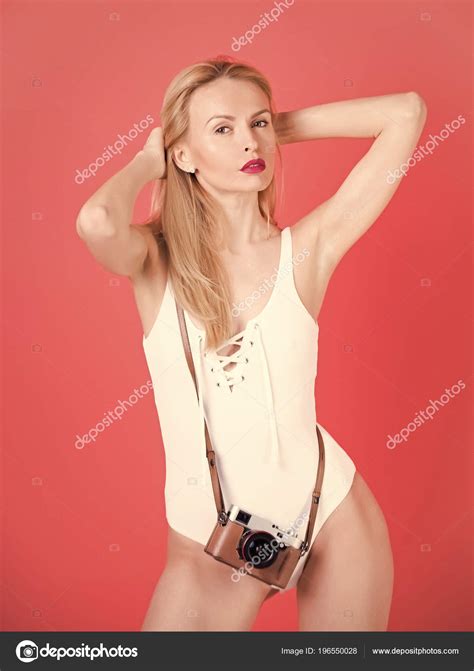 Sensual Woman Body Pin Up Girl In Bodysuit Holding Vintage Camera