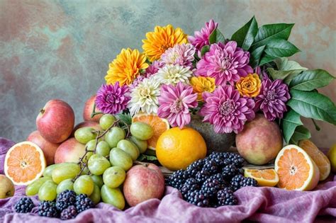 Vibrant Cornucopia Of Flowers And Fruits On Display Premium Ai