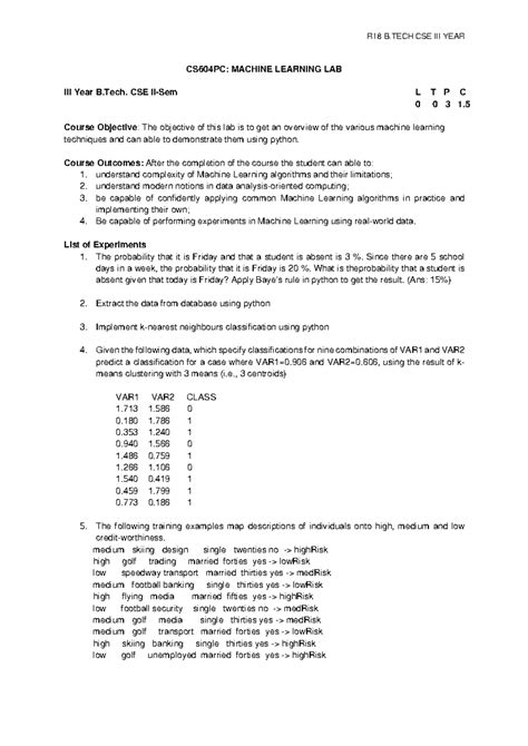 Machine Learning Lab 1 R18 B CSE III YEAR CS604PC MACHINE LEARNING LAB III Year B CSE II Sem