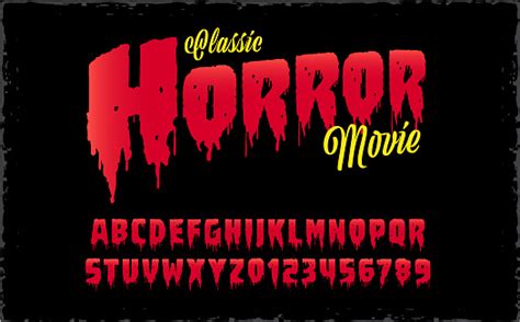 복고풍 클래식 공포 영화 글꼴 알파벳 디자인은 질감 배경과 떨어지는 혈액 대문자와 숫자를 포함 컴퓨터 글자에 대한 스톡 벡터 아트 및 기타 이미지 Istock