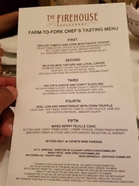 Menu At The Firehouse Restaurant Sacramento