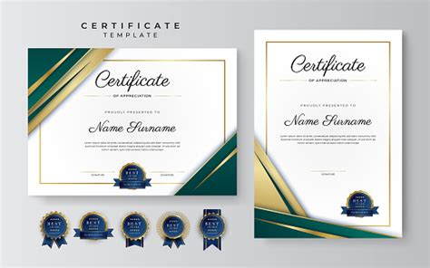 고급 배지와 현대적인 라인 패턴이있는 업적 국경 템플릿의 녹색 검은 색과 금색 인증서 상 비즈니스 및 교육 요구 사항 벡터 인증서 템플릿 0명에 대한 스톡 벡터 아트 및