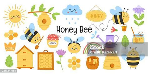 벌집 벌집 꽃 구름 및 태양이 있는 귀여운 꿀벌 세트 플랫 손으로 그린 벡터 일러스트 레이 션 개체 그룹에 대한 스톡 벡터 아트 및 기타 이미지 Istock