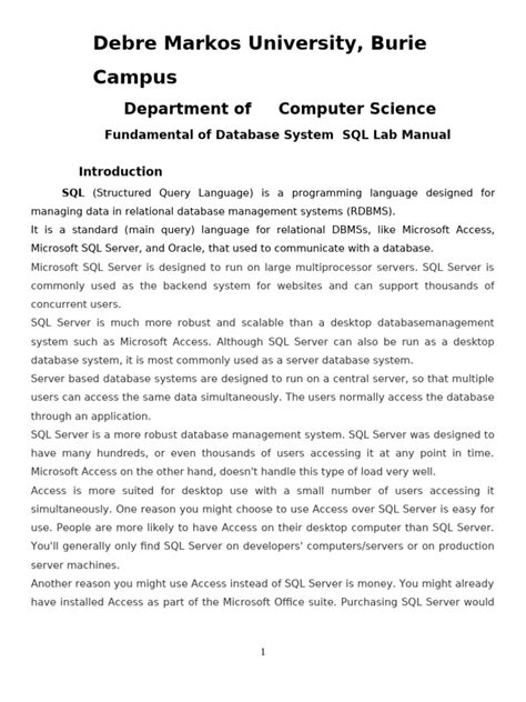 Sql Server Lab Manual Pdf Relational Database Databases