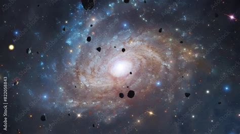 Galaxy Space Flight Exploration Space Rock Scence Through Outer Space At Spiral Galaxy Ic 4633