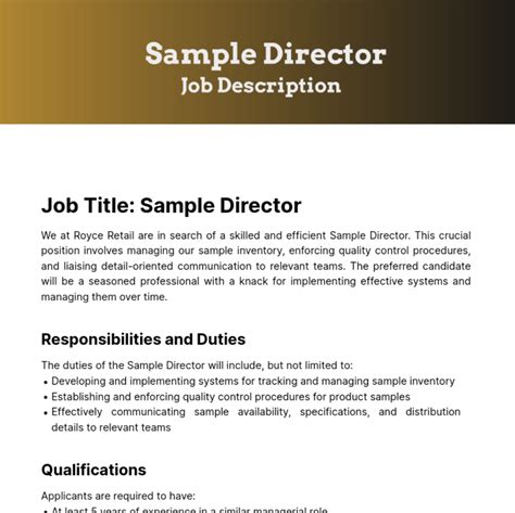 Free Sample Director Job Description Template To Edit Online