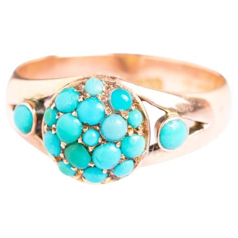 Antique Victorian 9ct Gold Turquoise And Diamond Pavé Ring For Sale At