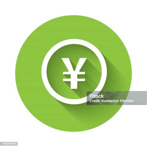 긴 그림자로 격리 된 흰색 중국 위안 통화 기호 아이콘 동전 돈 은행 통화 기호 현금 기호 녹색 원 버튼입니다 벡터 0명에 대한