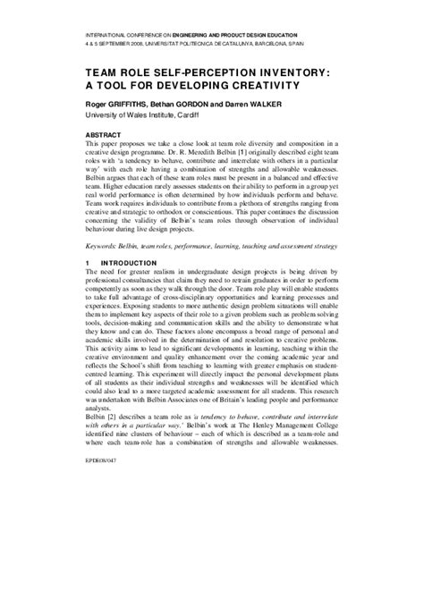 Pdf Team Role Self Perception Inventory A Tool For Developing Creativity