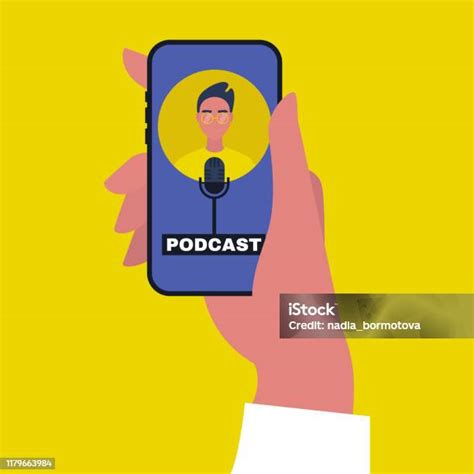 팟캐스트 남성 캐릭터의 실루엣과 휴대폰 화면의 마이크 팟캐스팅에 대한 스톡 벡터 아트 및 기타 이미지 팟캐스팅 Dj 남성