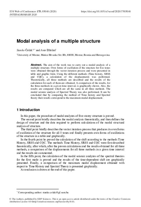 Pdf Modal Analysis Of A Multiple Structure Stanko Čolak