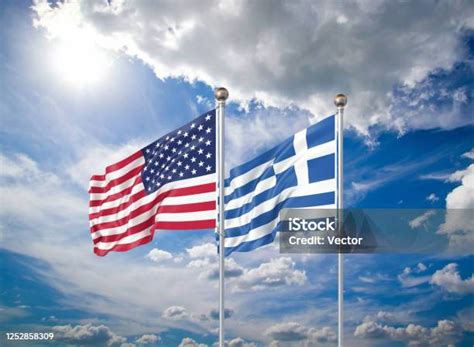 사실적인 3d 일러스트레이션 미국과 그리스 미국과 그리스의 깃발을 흔들고 그리스에 대한 스톡 사진 및 기타 이미지 그리스 미국 국기 0명 Istock