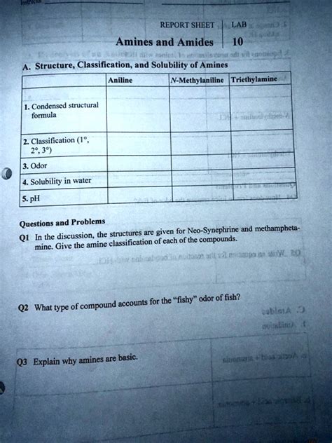 SOLVED: REPORT SHEET LAB Amines and Amides 10 Structure, Classification, and Solubility of ...
