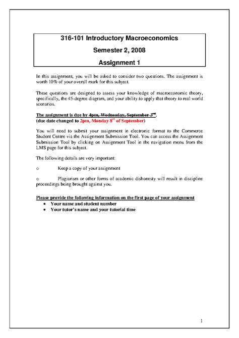 Assignment 1 2008 316 101 Introductory Macroeconomics Semester 2 2008 Assignment 1 In This