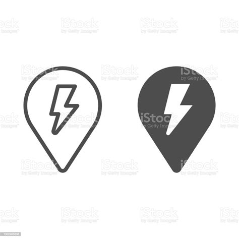 위치 맵 핀과 번개 라인과 단단한 아이콘 전기 자동차 개념 흰색 배경에 포인트 기호를 충전 모바일 및 웹개요 스타일의 번개