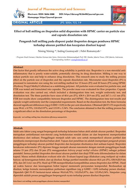 Pdf Effect Of Ball Milling On Ibuprofen Solid Dispersion With Hpmc