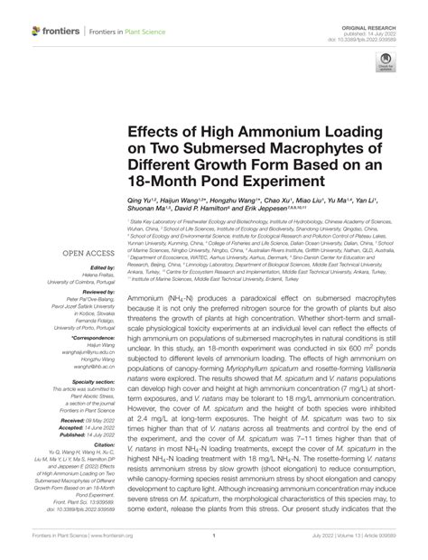 Pdf Effects Of High Ammonium Loading On Two Submersed Macrophytes Of Different Growth Form
