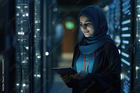 Hijabi Data Cloud Engineer Looking At Her Tablet In Server Room Women Empowerment In Big Data