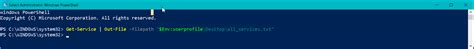 save list of services to a file using powershell in windows 10