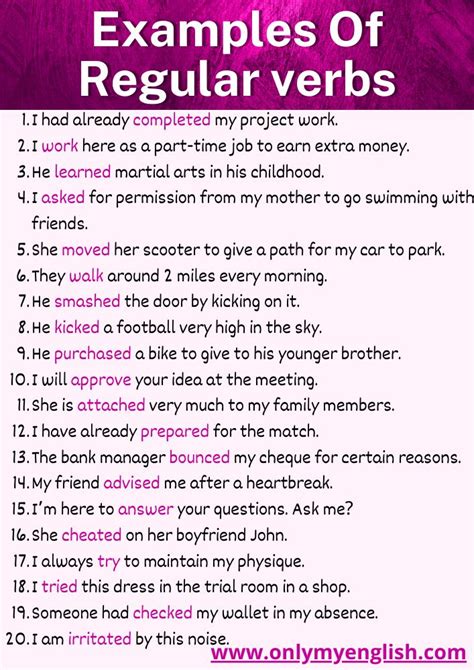 Examples Of Regular Verbs Sentences In 2021 Learn English Words English Vocabulary Words