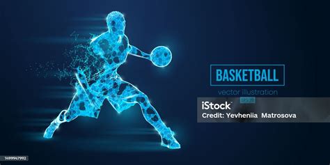추상적인 와이어프레임 농구 선수 남자는 삼각형과 파란색 배경에 있는 입자가 고립되어 있다 벡터 그림 농구공에 대한 스톡 벡터 아트 및 기타 이미지 Istock