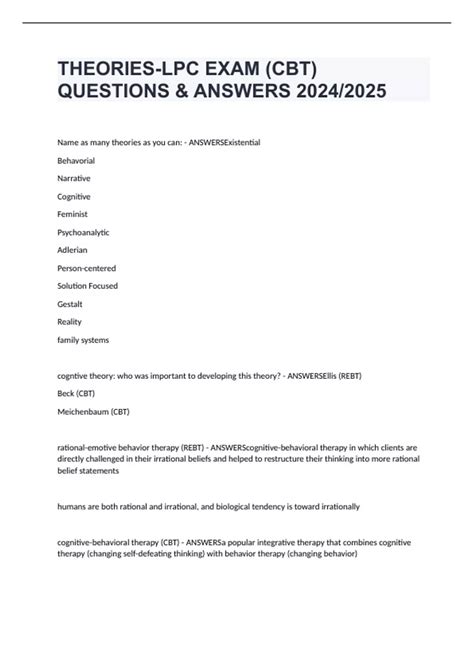THEORIES LPC EXAM CBT QUESTIONS ANSWERS 2024 2025 THEORIES LPC Stuvia US