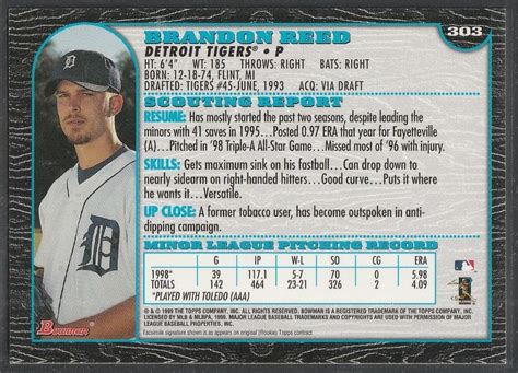 Original Autograph Brandon Reed Detroit Tigers 1999 Bowman 303 Ebay