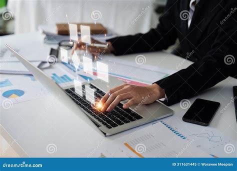 Businessman Using A Computer Analysis For Process And Workflow Automation With Flowchart Stock